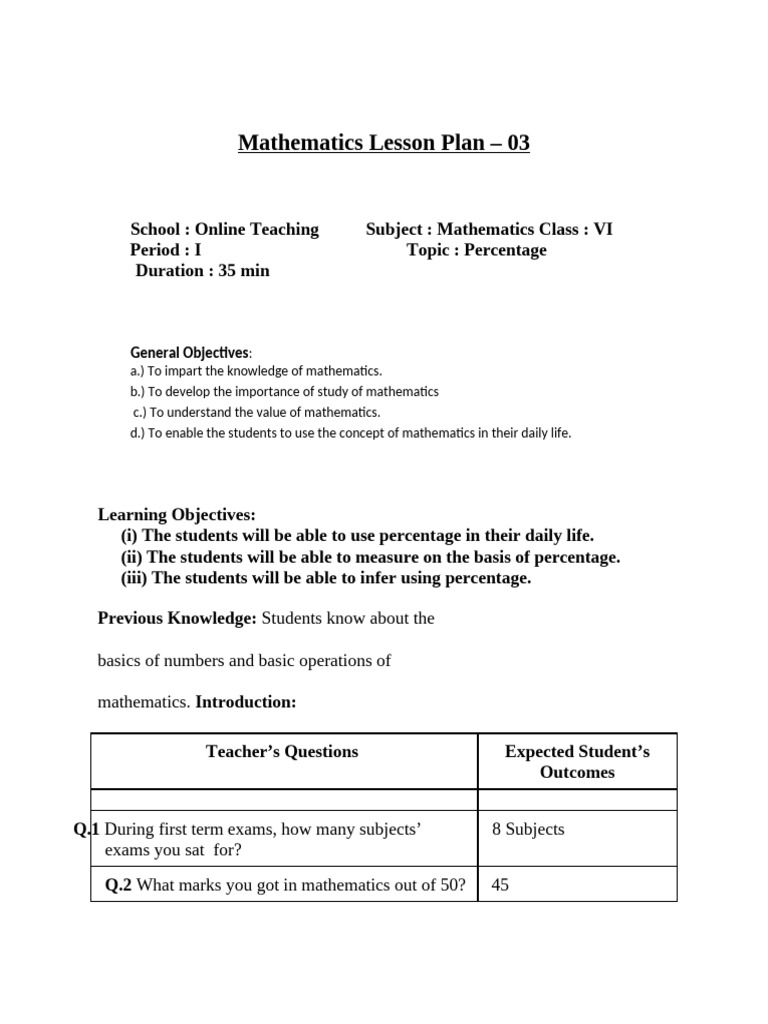 VI Math Lesson Plan: Understanding Percentage | PDF | Percentage ...