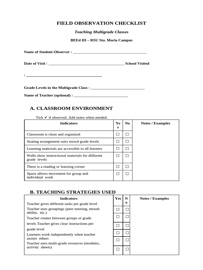Multigrade Class Observation Checklist | PDF | Teachers | Classroom