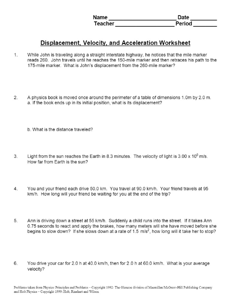 DisplacementVelocity and Acceleration Worksheet | PDF
