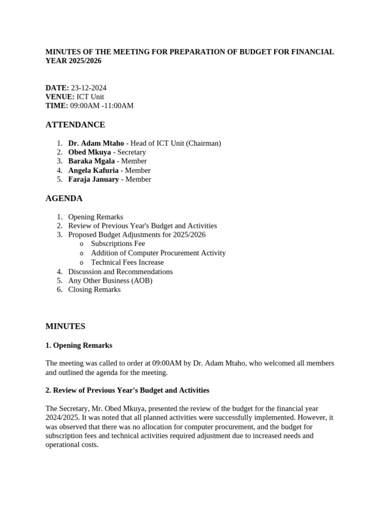 Budget Meeting Minutes 2025/2026 | PDF | Budget
