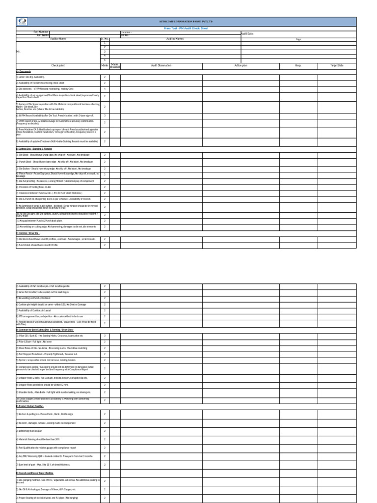 Press Tool Audit Checklist Template | PDF | Audit | Mechanical Engineering