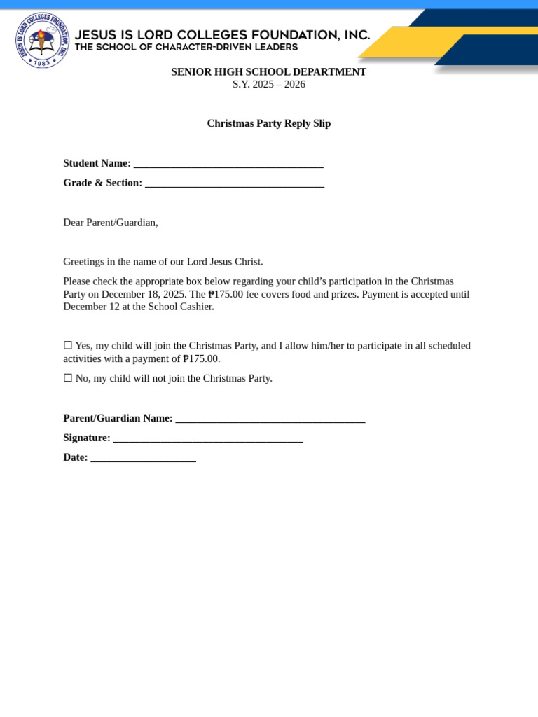 Christmas Party Reply Slip 2025-2026 | PDF