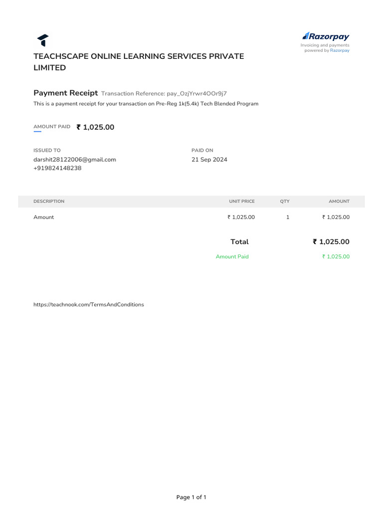 Payment Receipt for Tech Blended Program | PDF