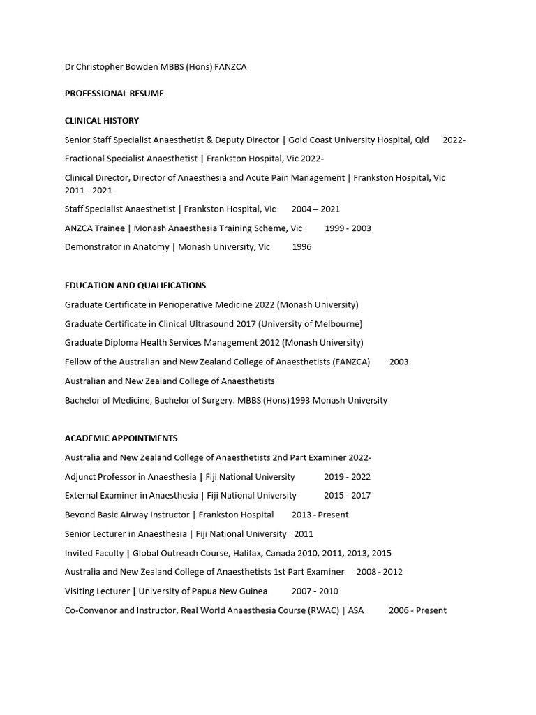 Dr. Christopher Bowden's Anaesthesia Resume | PDF | Health Care ...