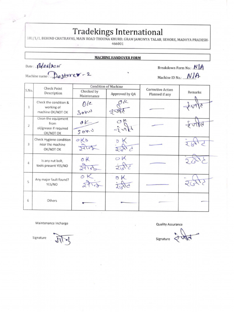 Machine Handover Form | PDF