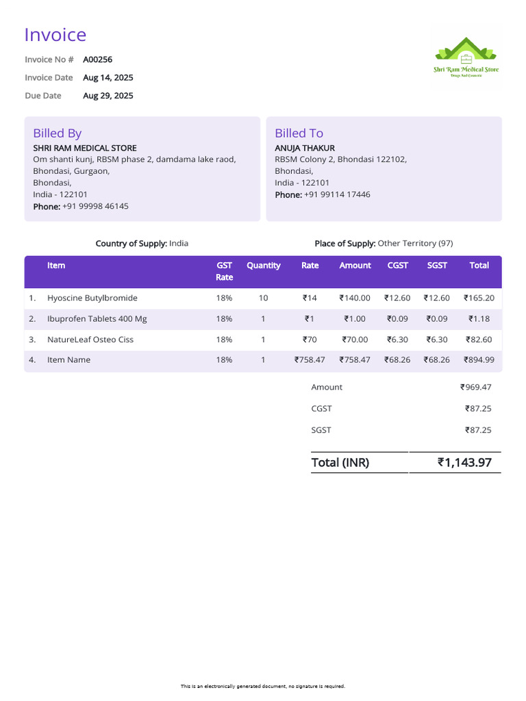 Invoice A00256 Shri Ram Medical Store Anuja Thakur | PDF