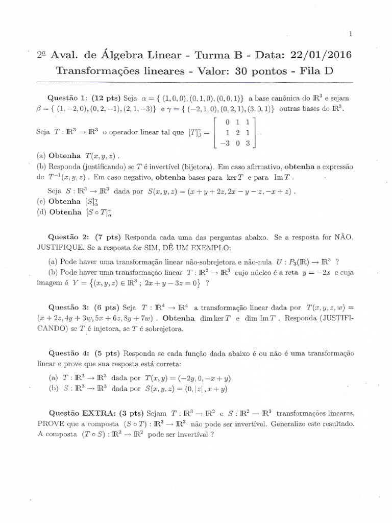 2 Avaliaçao Algebra Linear Hallack | PDF