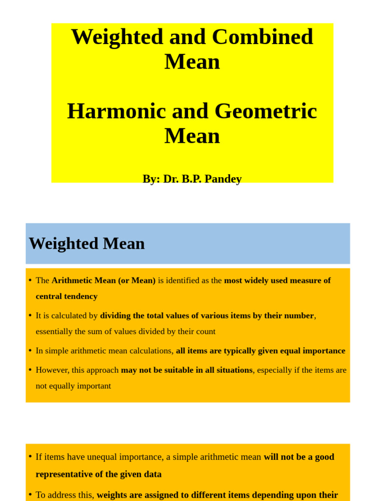 Weighted, Combined, Geometric and Harmonic Mean | PDF | Mean ...