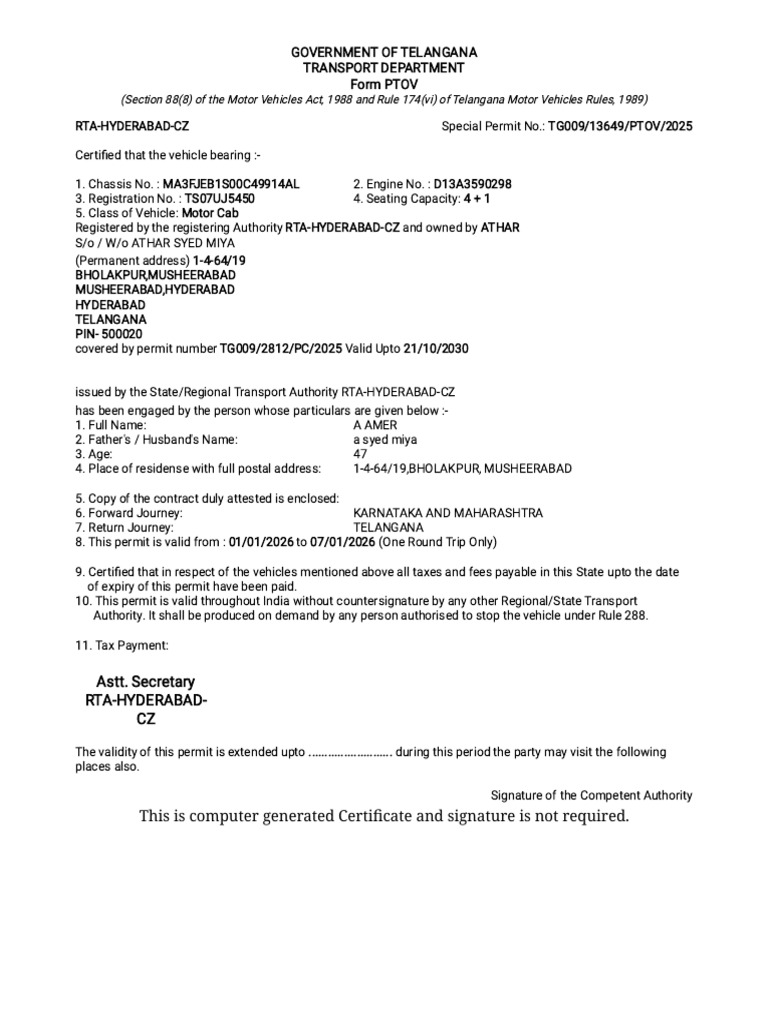 Telangana Motor Cab Special Permit 2025 | PDF