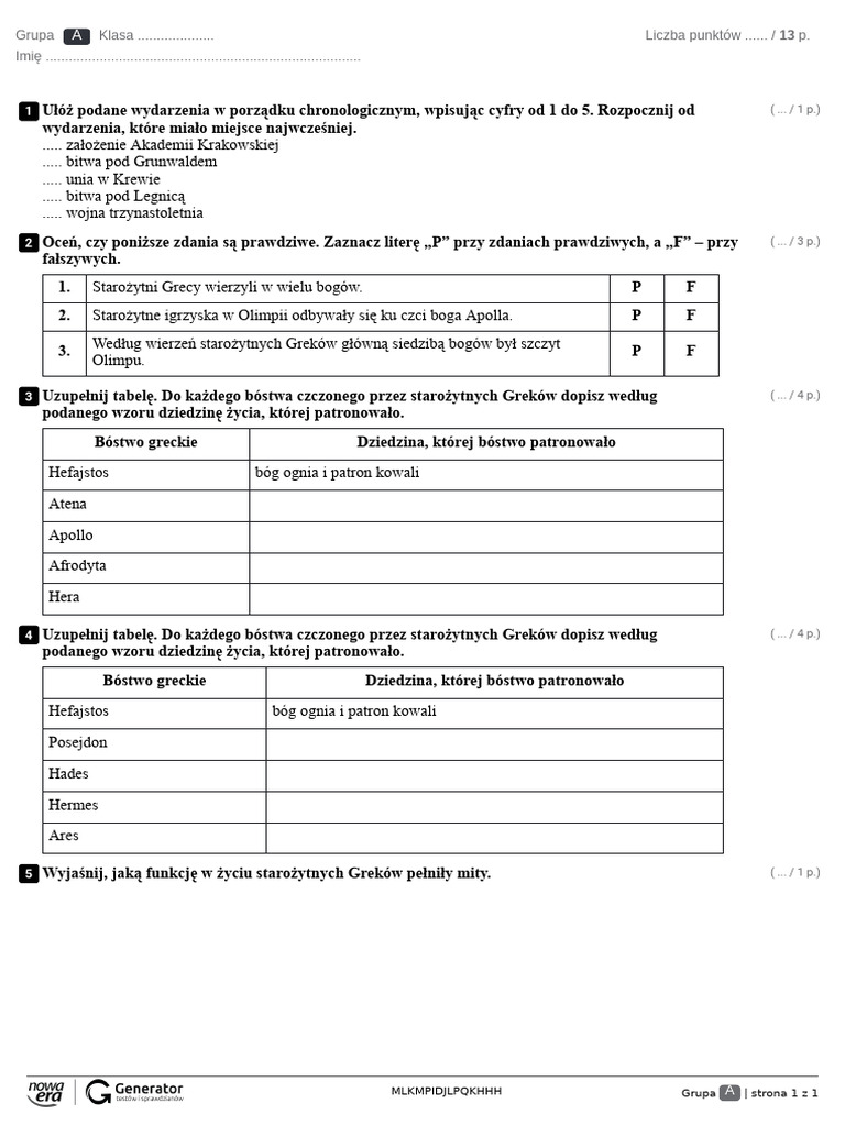 Bogowie I Mity Test (Z Widoczną Punktacją) | PDF