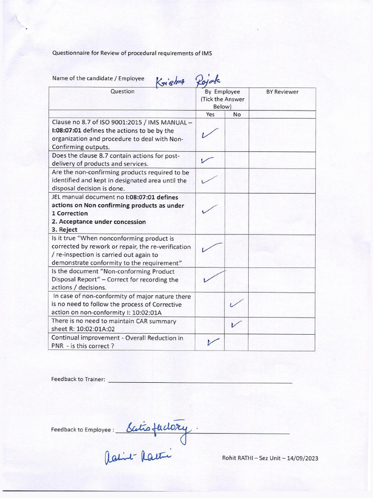 Training Record QC - 14.09.2023 | PDF