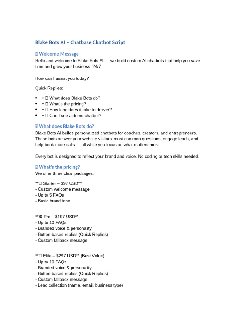 Blake Bots Chatbase Chatbot Script | PDF