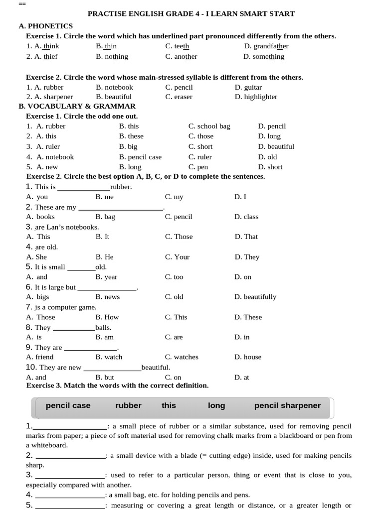 Grade 4 English Practice Exercises | PDF | Pencil | Linguistics