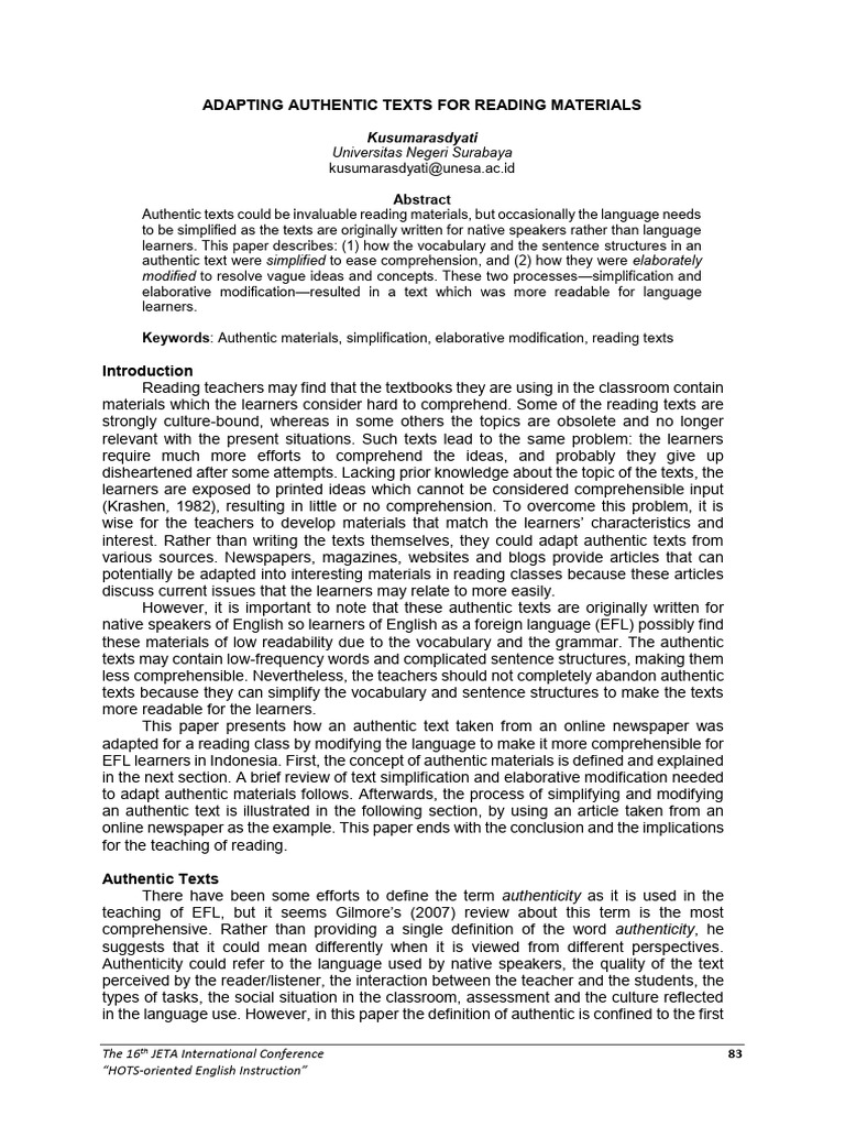 Adapting Authentic Texts for EFL Reading | PDF | English As A Second Or ...