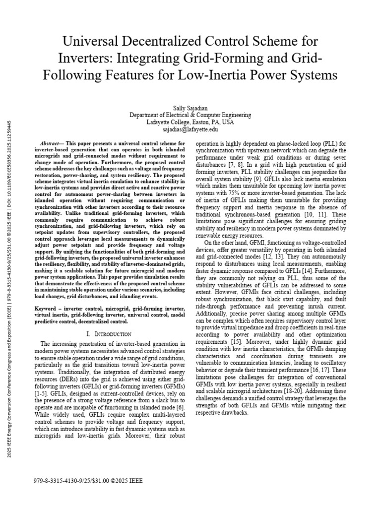 Universal Decentralized Control Scheme For Inverters Integrating Grid ...