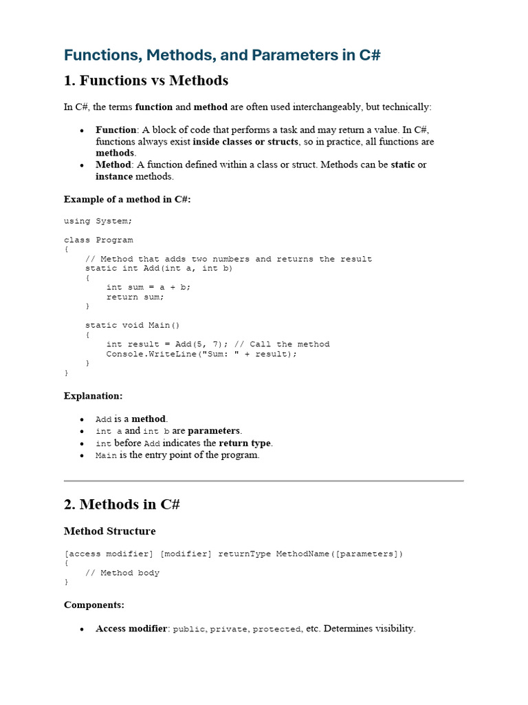 C# Functions, Methods, and Parameters Guide | PDF | Parameter (Computer ...