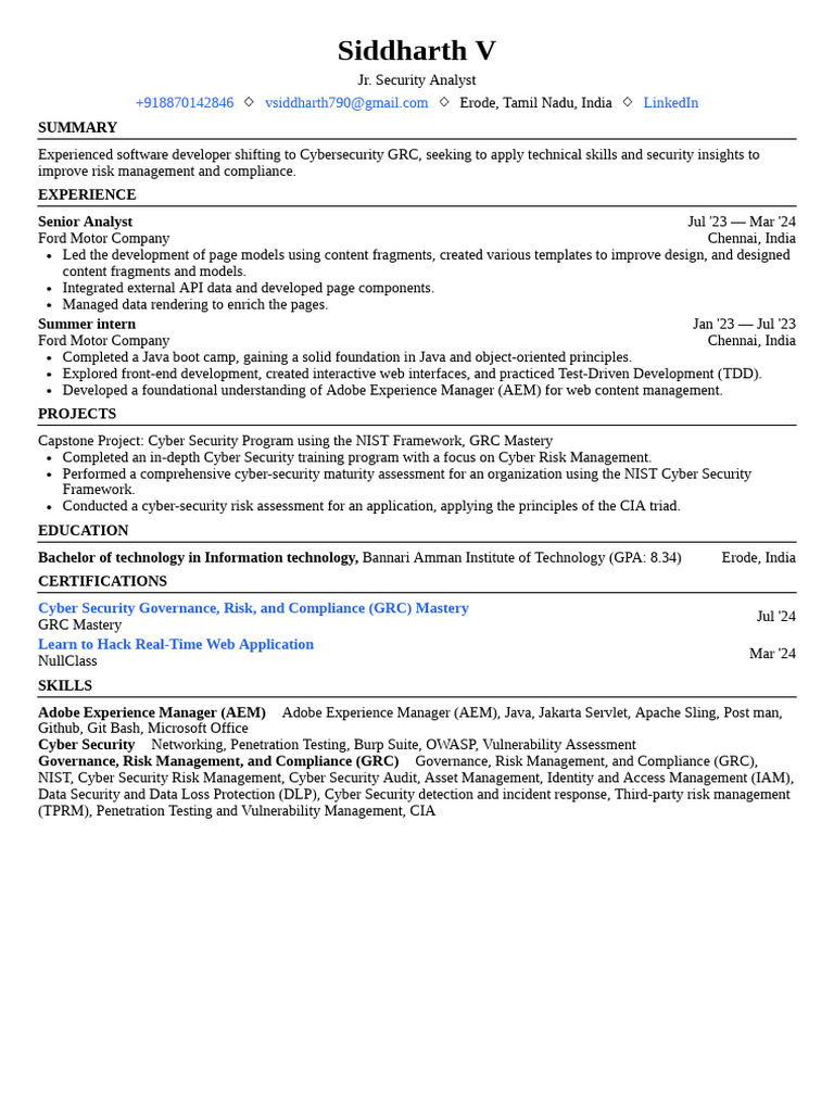 Cybersecurity GRC Analyst Resume | PDF | Computer Security | Security