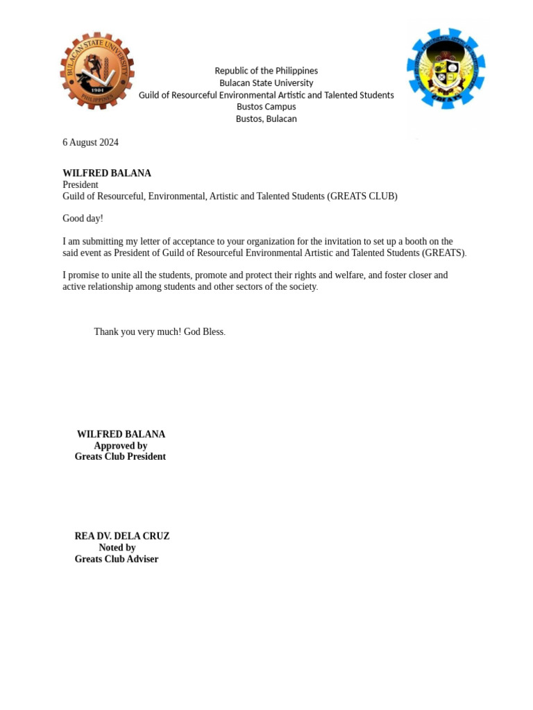 GREATS Club Booth Acceptance Letter | PDF