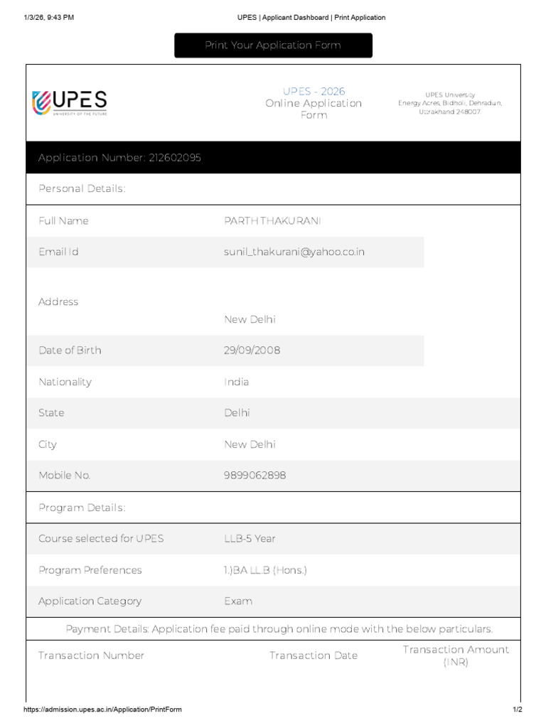 UPES _ Applicant Dashboard _ Print Application | PDF