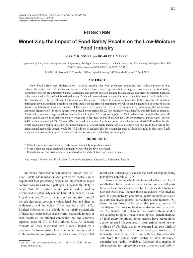 Monetizing the Impact of Food Safety Recalls on the Low-Moisture Food ...