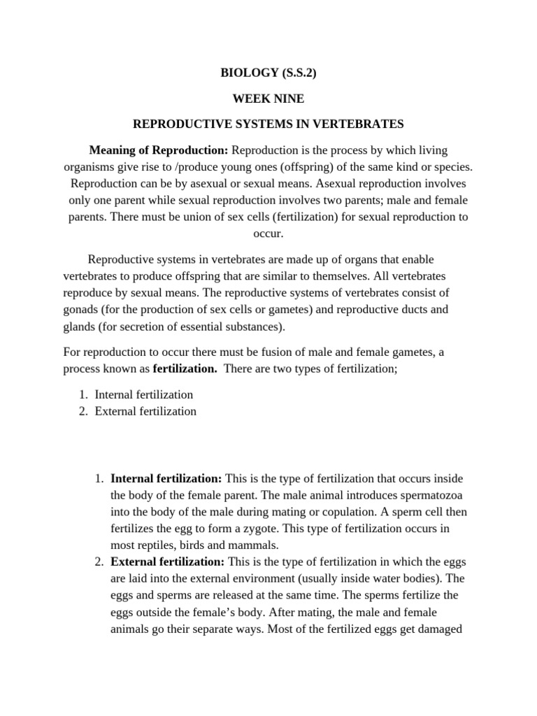 Vertebrate Reproductive Systems Explained | PDF | Reproductive System ...