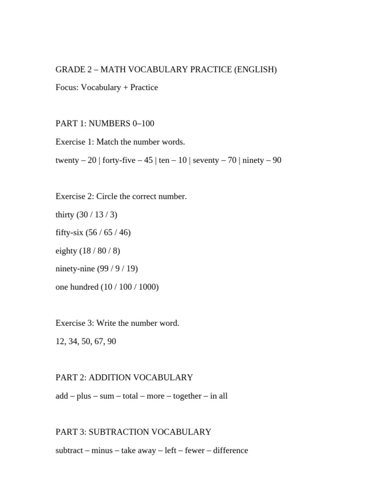 Grade 2 Math Vocabulary Practice | PDF