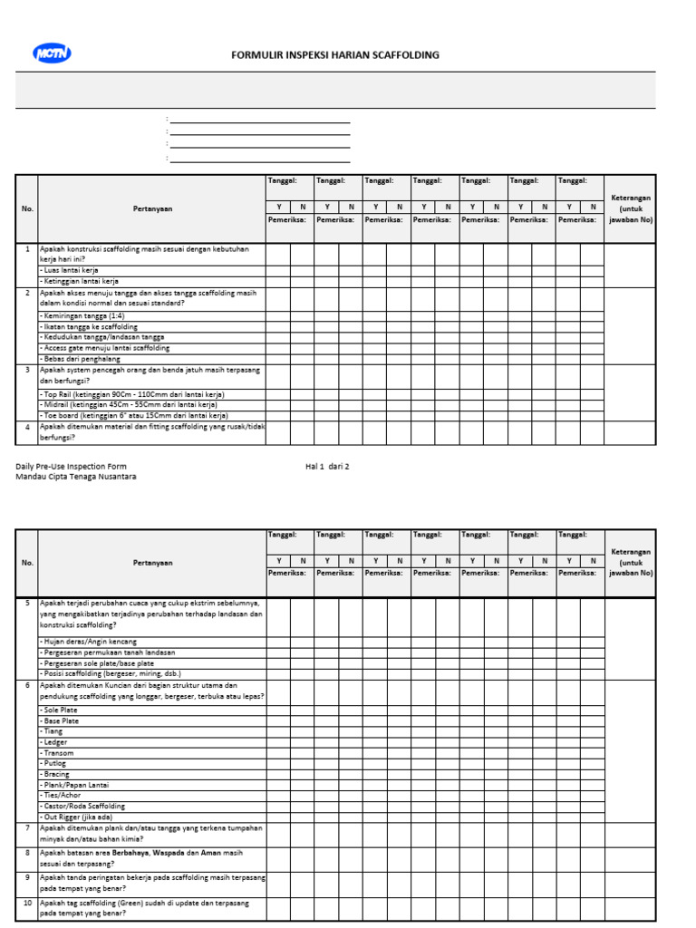 Formulir Inspeksi Harian Scaffolding | PDF