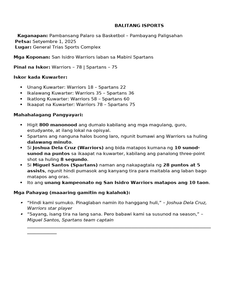 Sports Writing (English and Filipino) | PDF | Entertainment | Sports