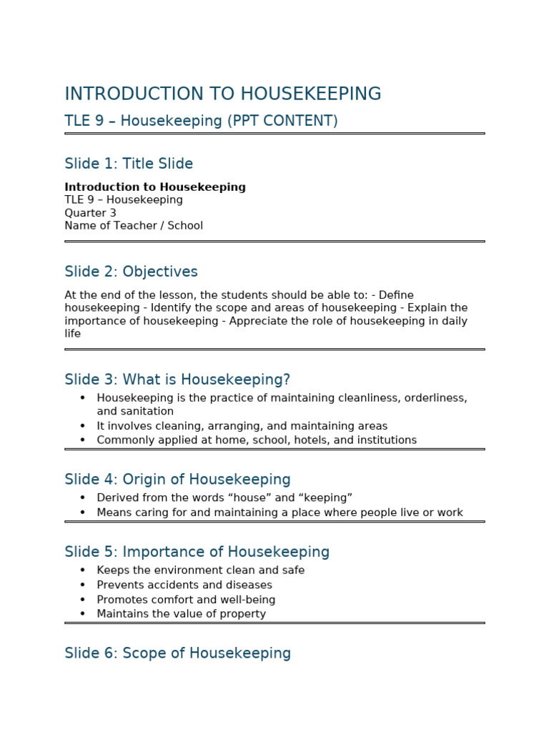 Housekeeping Basics and Importance | PDF | Housekeeping | Hygiene