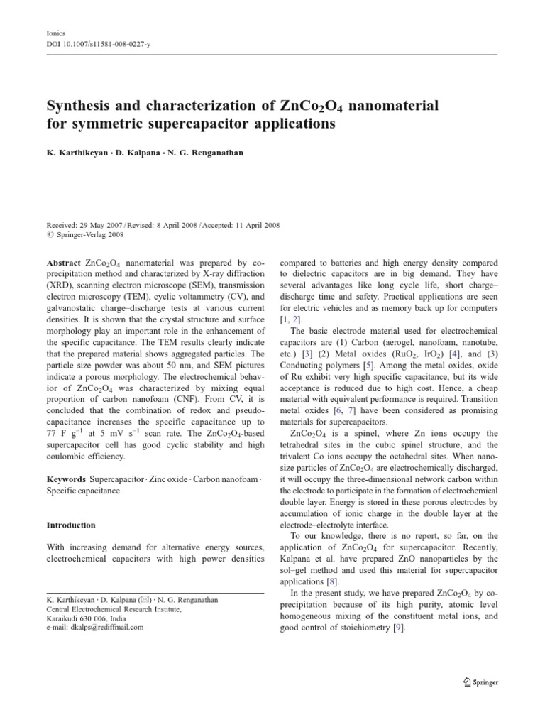 ZnCo2O4 Nanomaterial for Supercapacitors | PDF | Capacitor | Materials ...