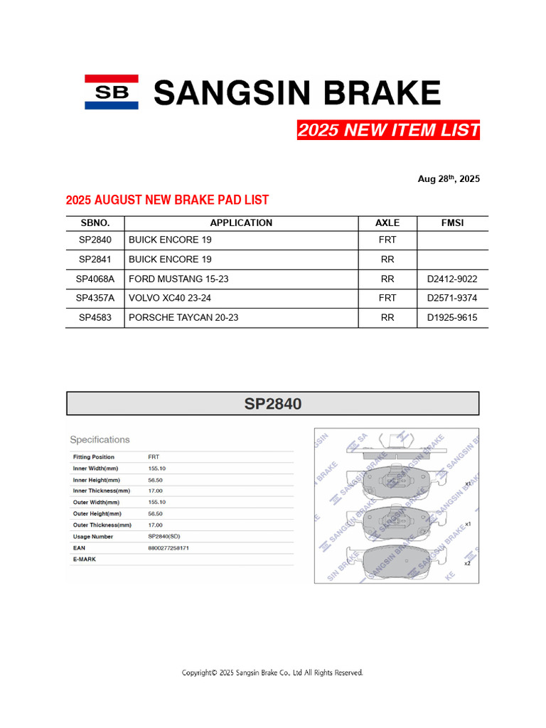 2025+New+Item+Bulletin+ +Sangsin+Brake (28+Aug) | PDF