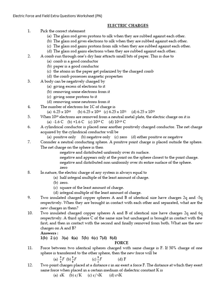 Electric Force and Field - Extra Questions Worksheet 1 (2) | PDF ...