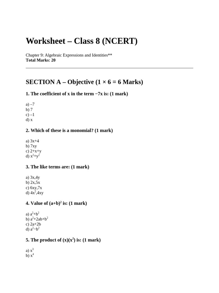 Class 8 Algebraic Expressions Worksheet | PDF