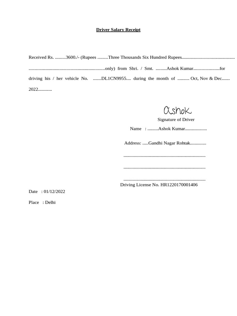 Driver Salary Receipt Template | PDF