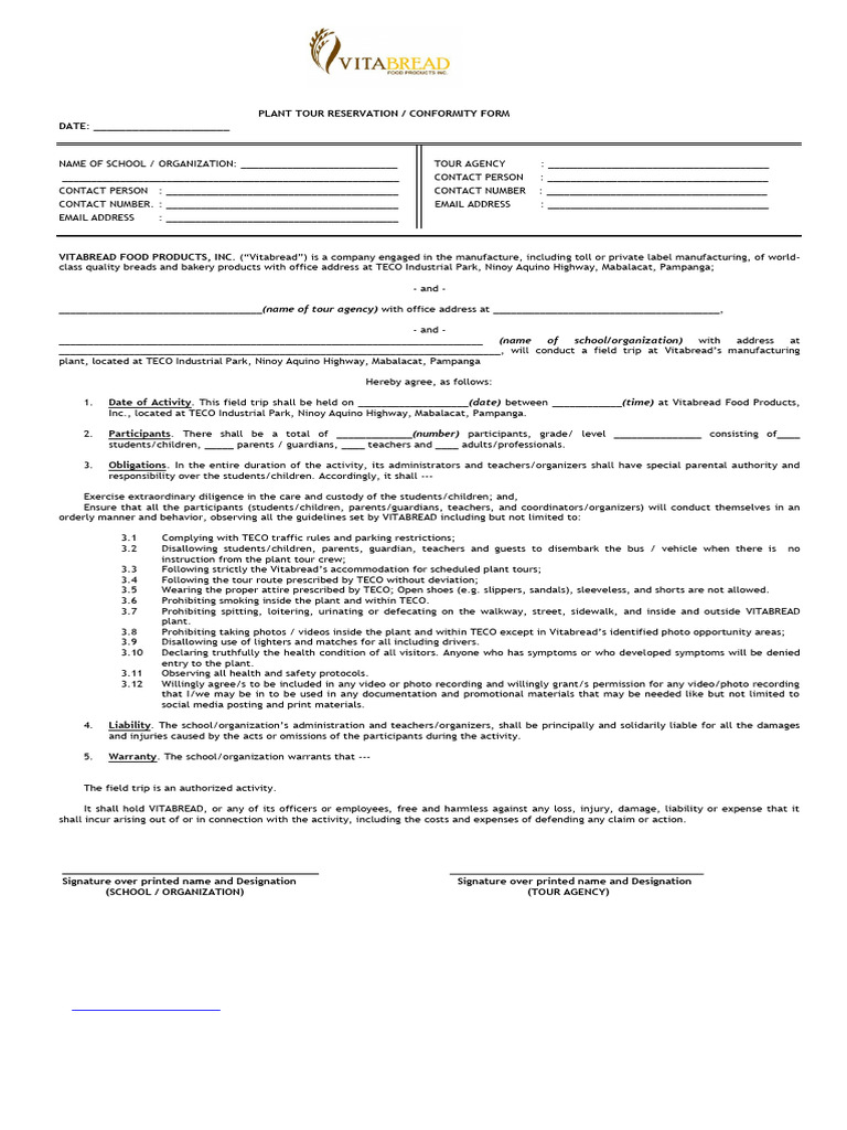 Vitabread Plant Tour Reservation Form | PDF | Justice | Crime & Violence