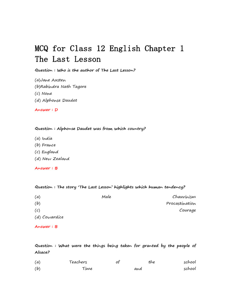 CBSE Class 12 English The Last Lesson MCQS, Multiple Choice Questions | PDF