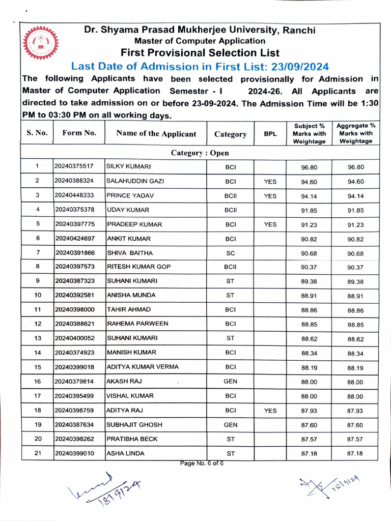 MCA First Provisional Selection List | PDF