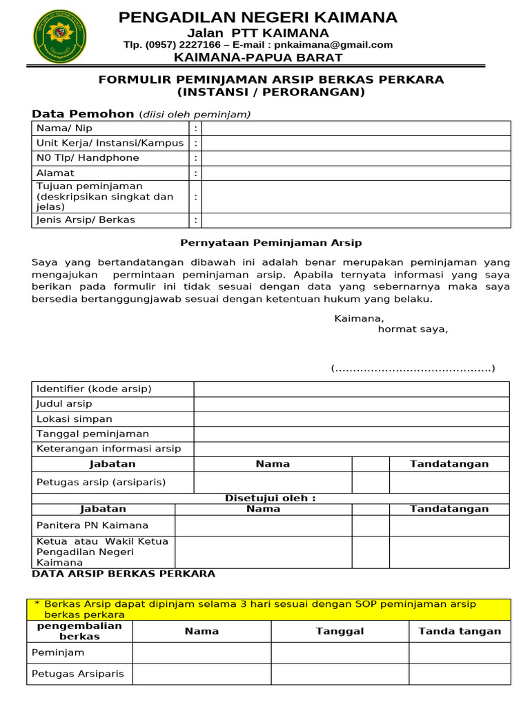 Formulir Peminjaman Arsip Perkara | PDF