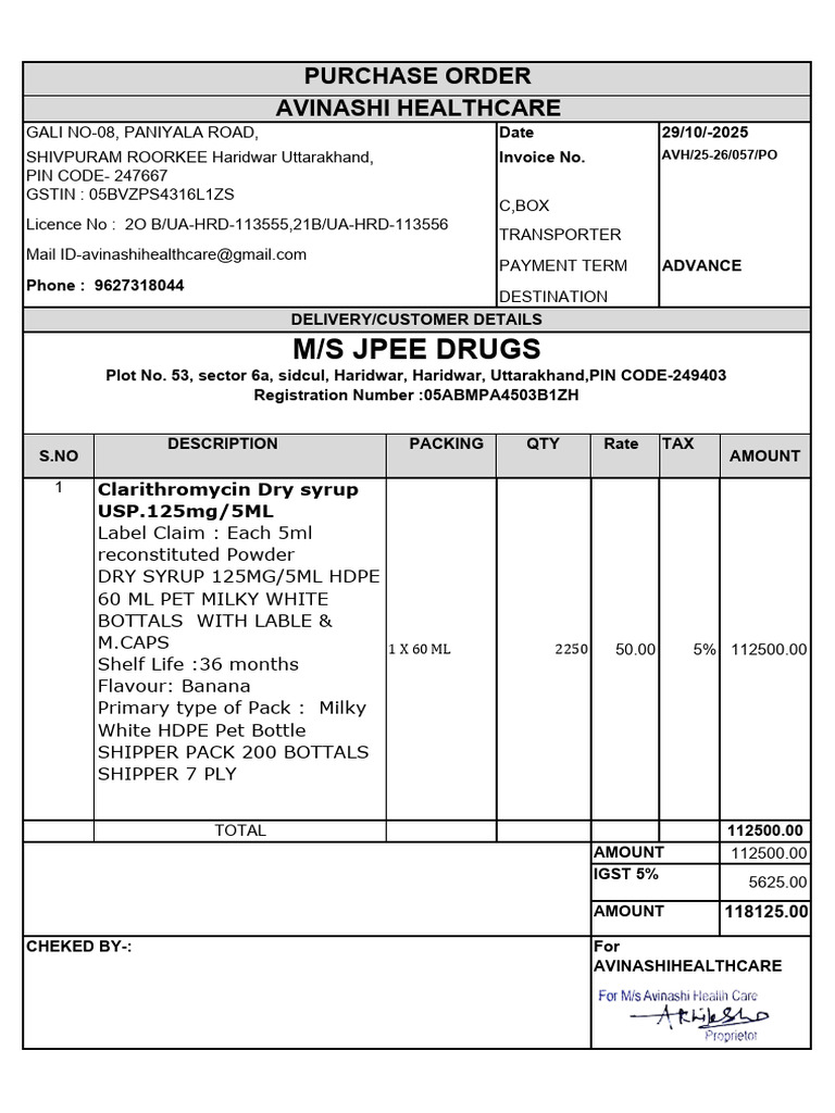 Clarithromycin Dry Syrup Invoice Details | PDF