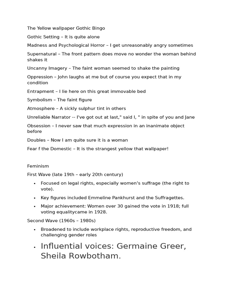 Notes From Mrs Graham 17.09.25 Yellow Wallpaper Bingo + Feminism | PDF