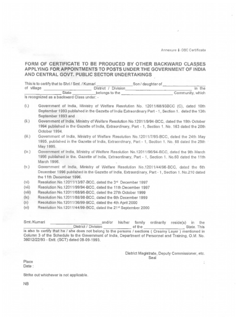 Annexure I - OBC (NCL) Certificate | PDF