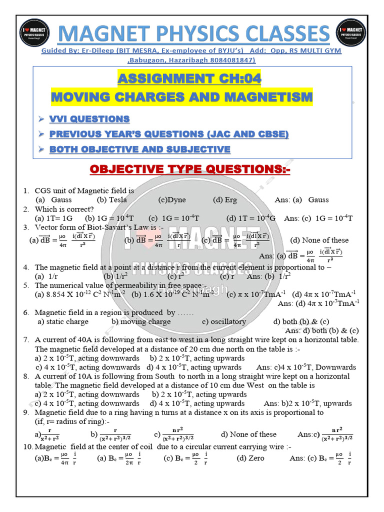 12th Assignment Ch04 Moving Charges and Magnetism 2025-26 | PDF ...