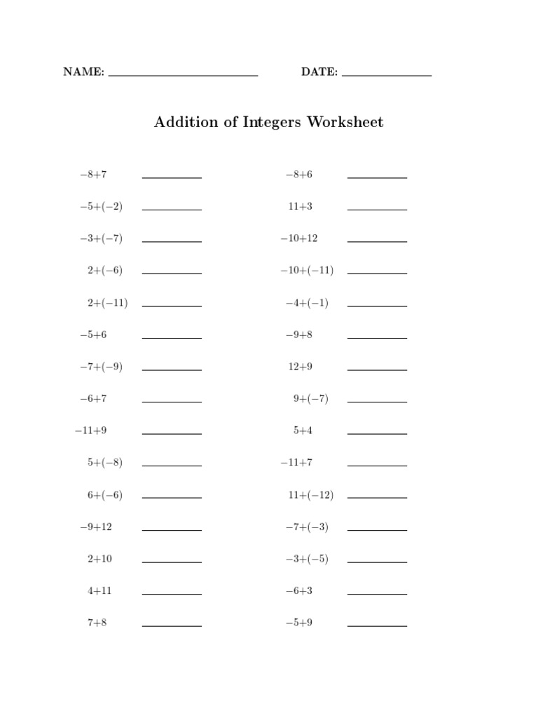 Addition of Integers Practice Worksheet | PDF