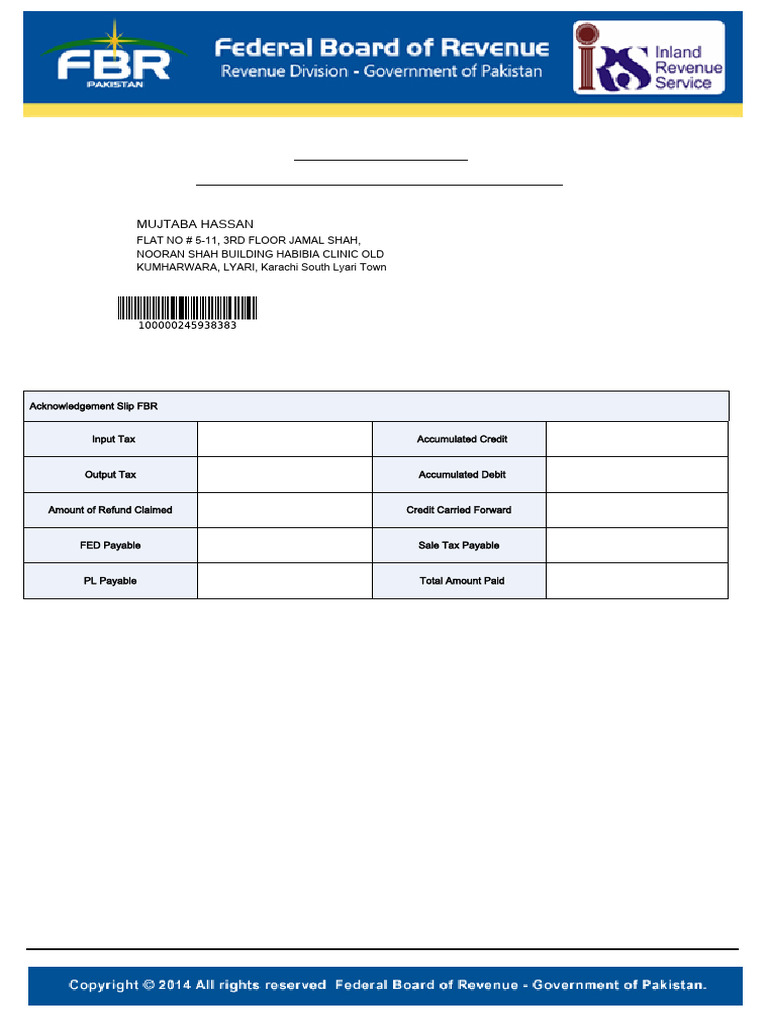 FBR Acknowledgement Slip for Sales Tax | PDF | Taxes | Excise