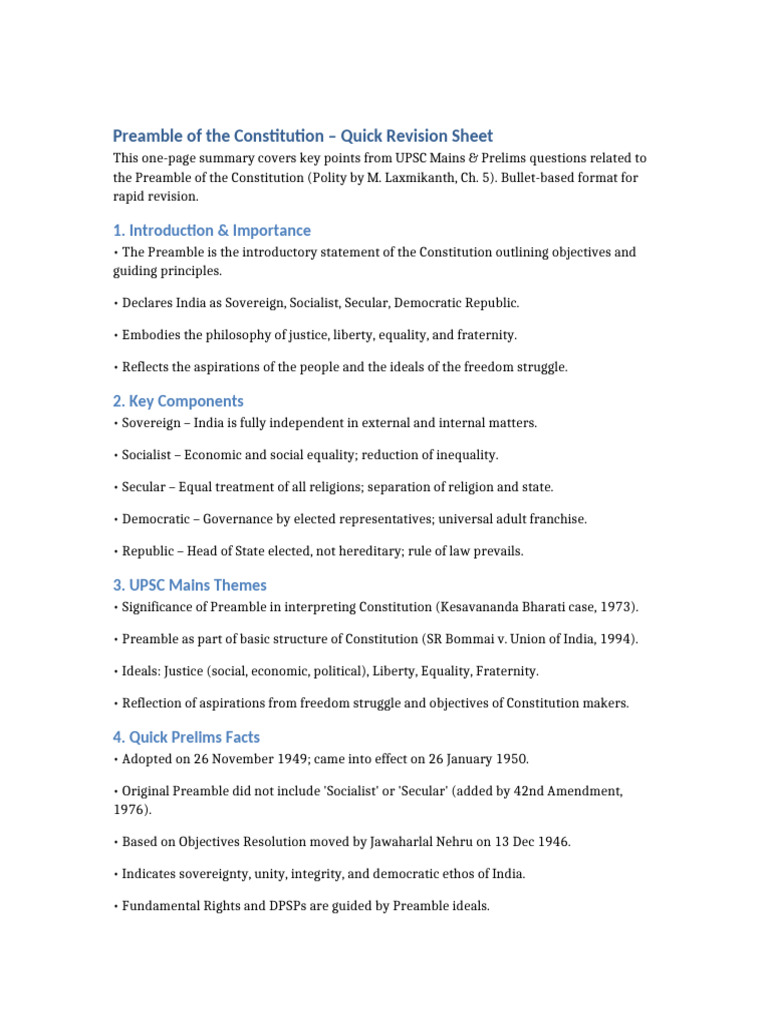 Preamble Quick Revision Sheet | PDF