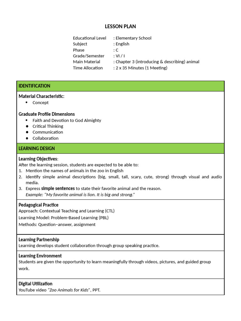 LESSON PLAN 1 | PDF | Learning | Zoo