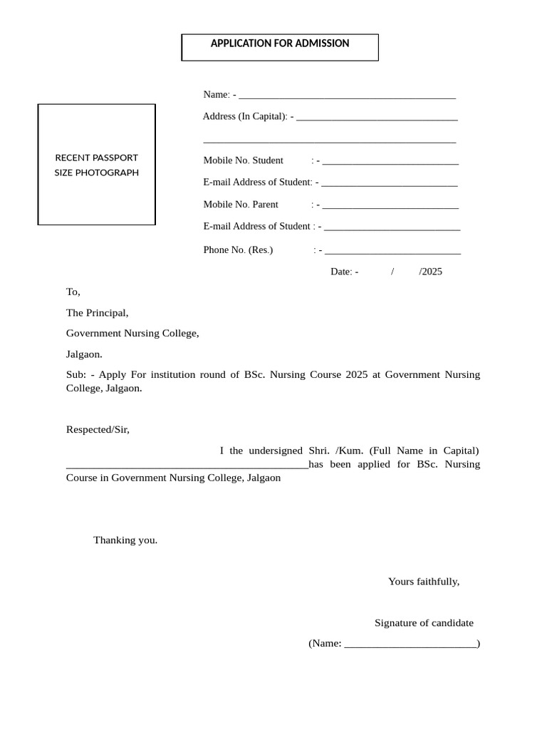 BSc Nursing Admission Application 2025 | PDF