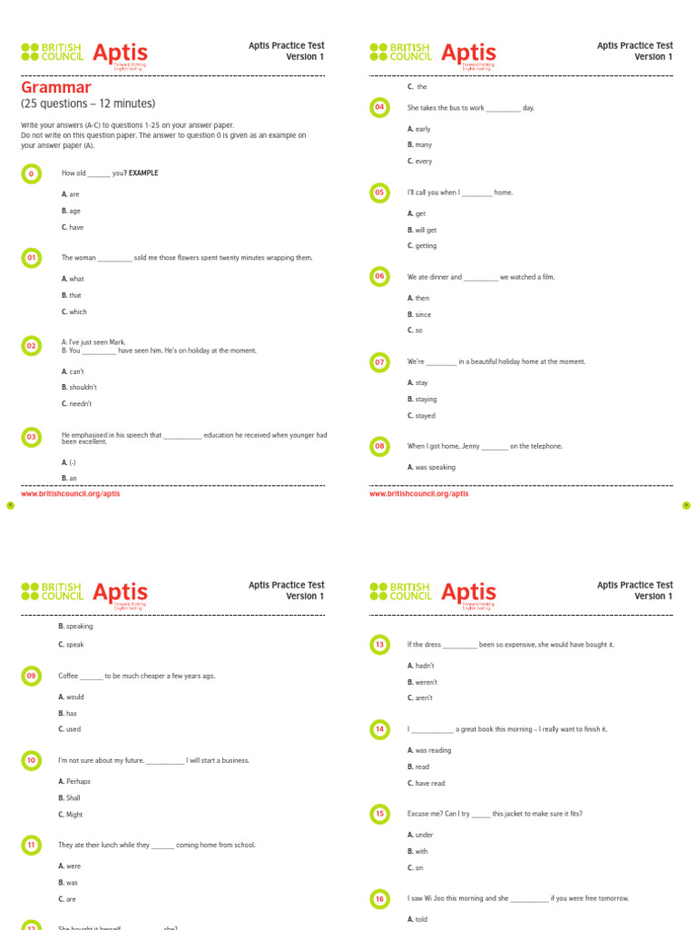 Aptis Practice Test: Grammar & Vocabulary | PDF
