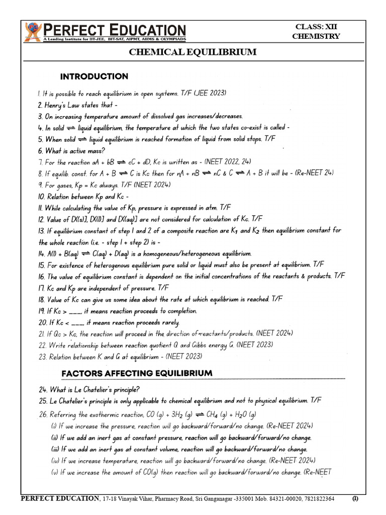 Class XII Chemistry: Chemical Equilibrium | PDF