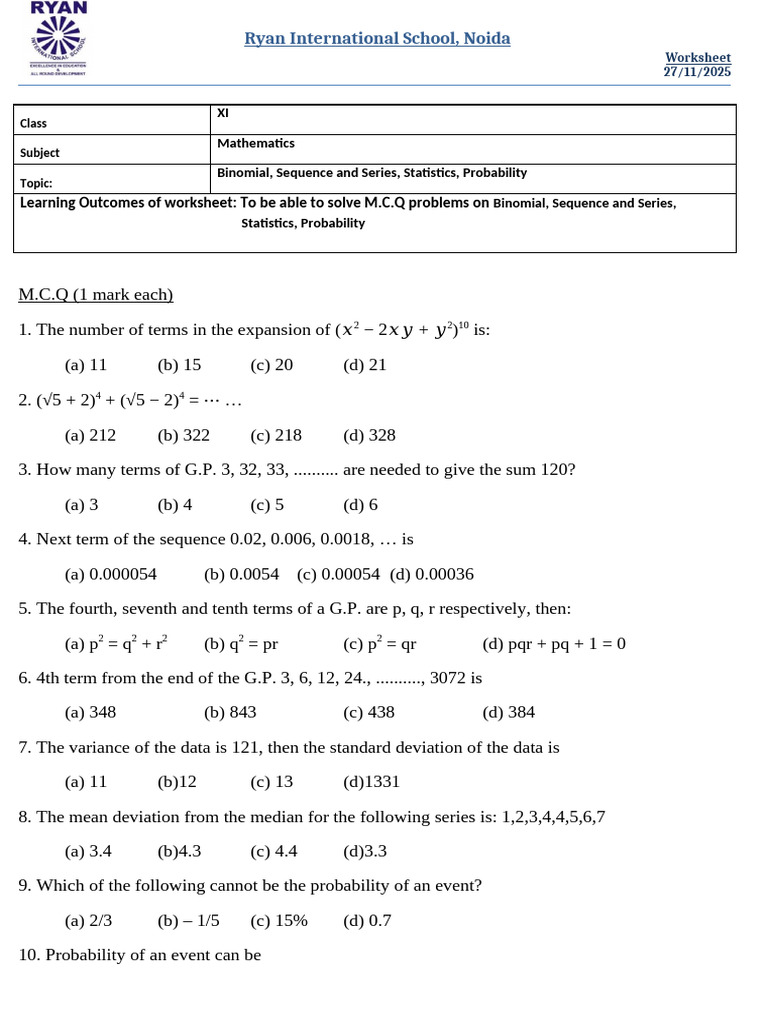 Ryan Int. School Class 11 Assignments | PDF | Mathematics | Statistical ...